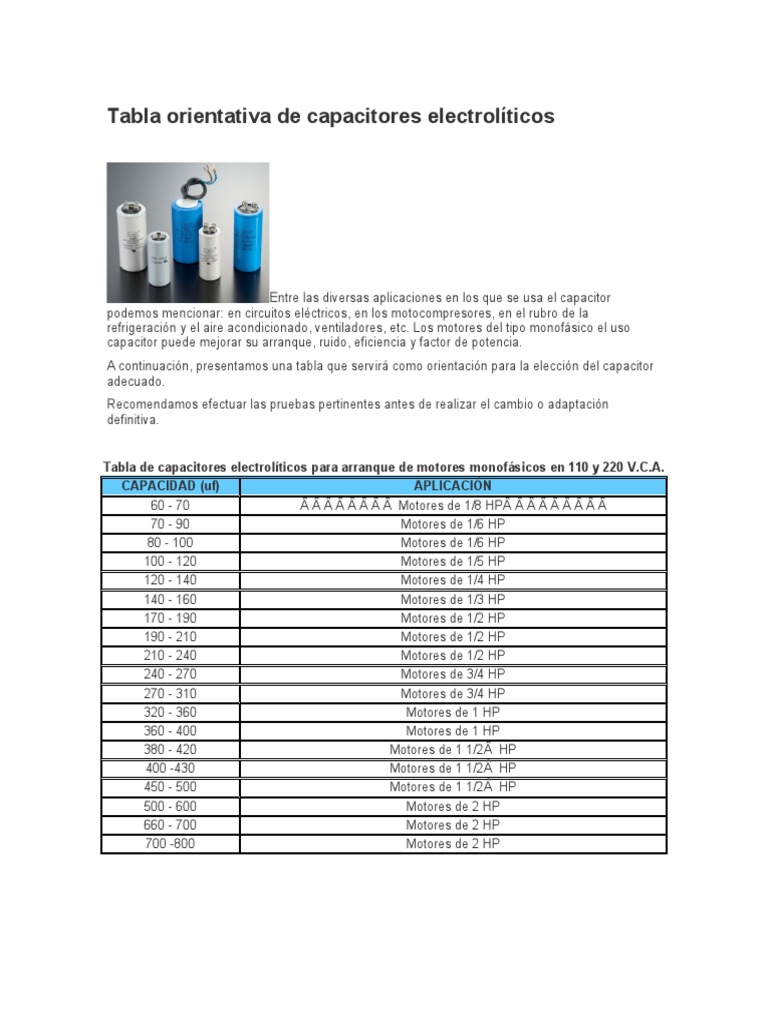 Tabla Orientativa de Capacitores Electrolíticos | PDF