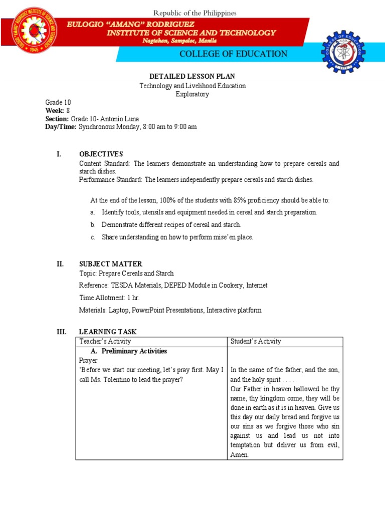 Preparing Cereals and Starch: A Detailed Lesson Plan on Identifying ...
