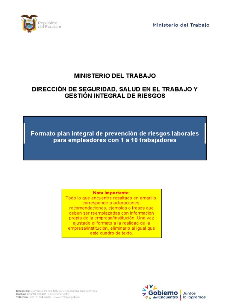 Formato Plan Integral de Prevencion de Riesgos Laborales - V5 | PDF | Seguridad y salud ...
