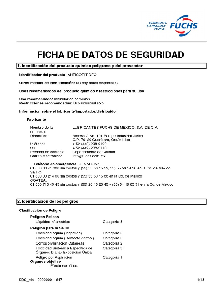 Lubricantes Fuchs de Mexico SA DE CV - ANTICORIT DFO - 000000011647 ...