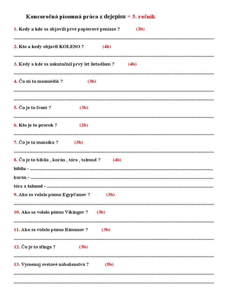 Koncoročná Písomná Práca Z Dejepisu 5. Ročník | PDF