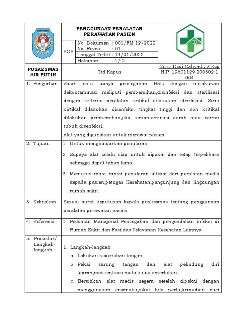 Sop Penggunaan Peralatan Keperawatan Pasien | PDF | Pengembangan Diri | Kesehatan Holistik