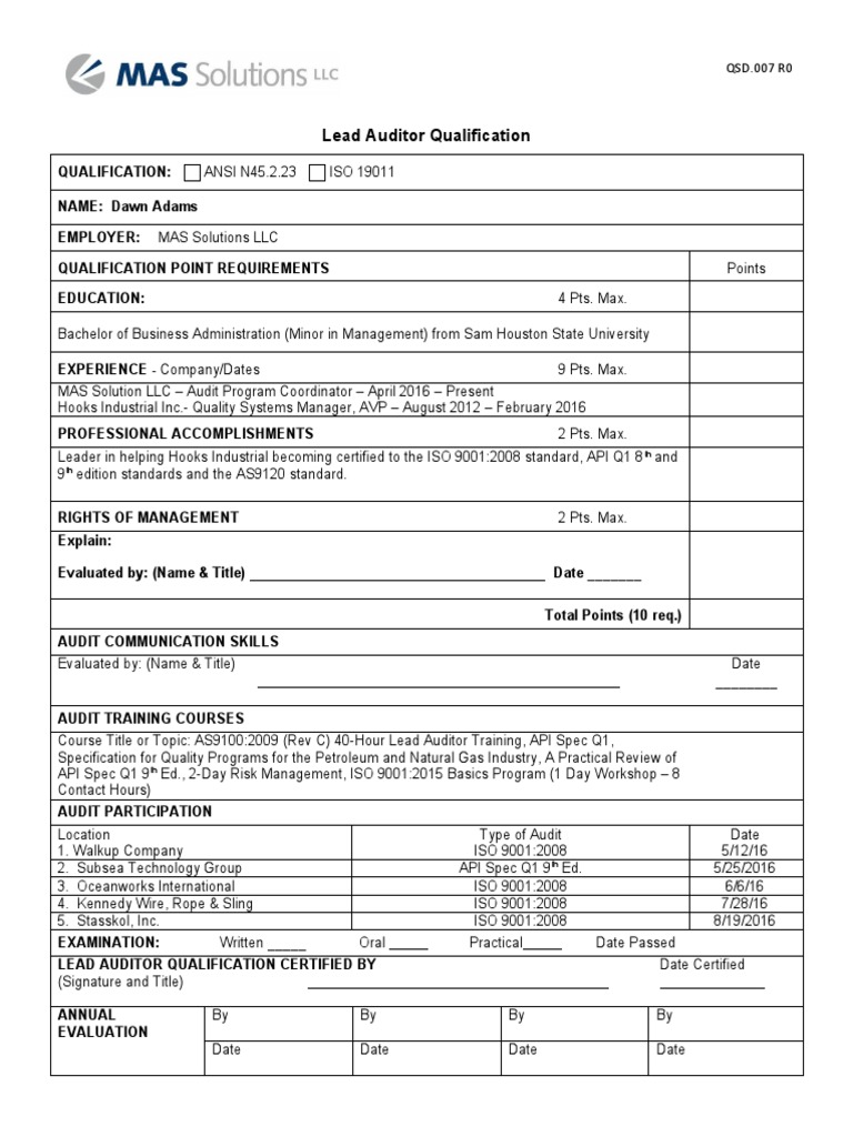 Dawn Adams Auditor Qualification & Certification | PDF | Iso 9000 | Audit