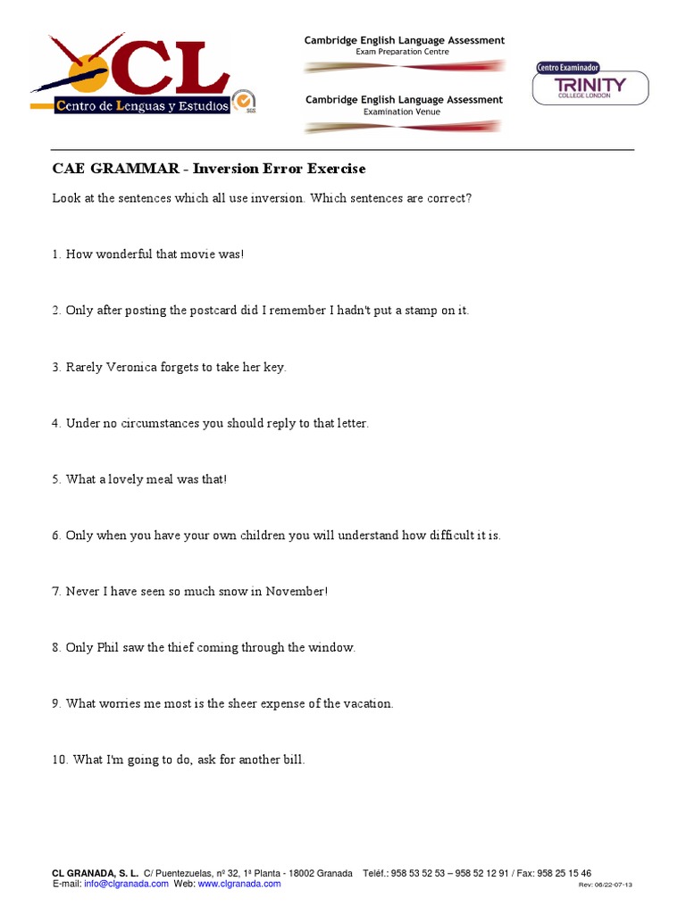 CAE GRAMMAR Inversion Error Exercise | PDF
