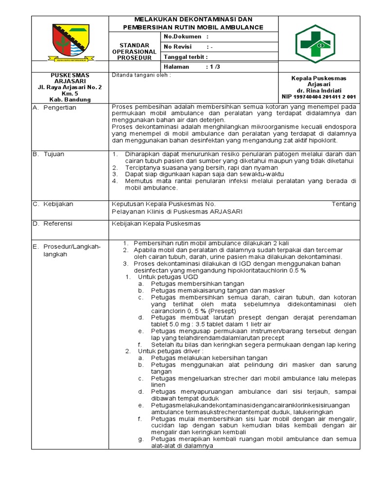 SOP MELAKUKAN DEKONTAMINASI DAN PEMBERSIHAN RUTIN MOBIL AMBULANCE arja23 | PDF