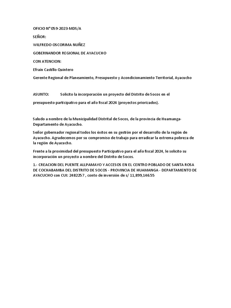 Oficio N para Gobierno Regional | PDF