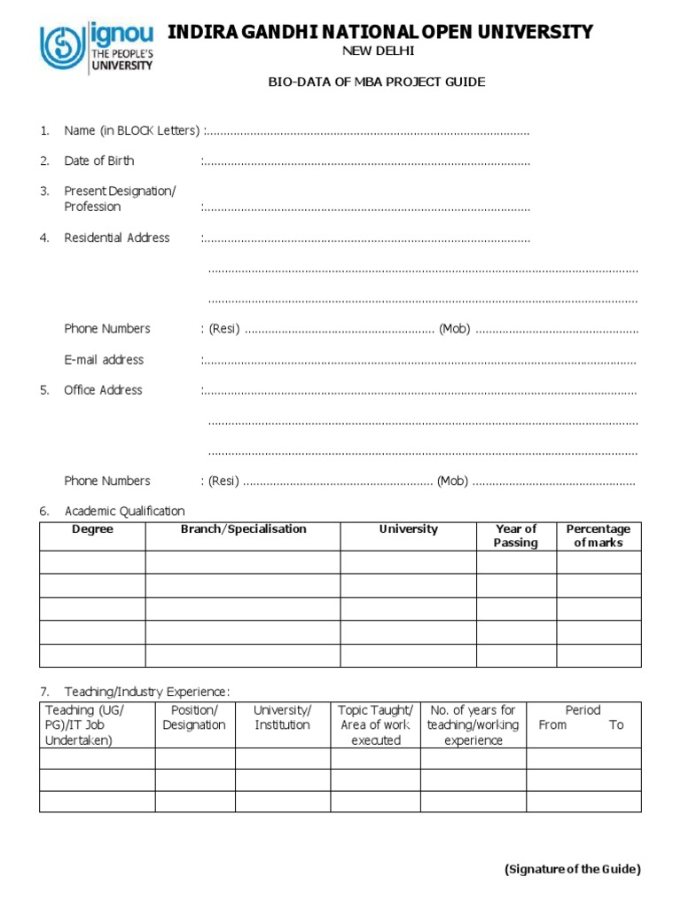 MBA Project Guide Biodata | PDF