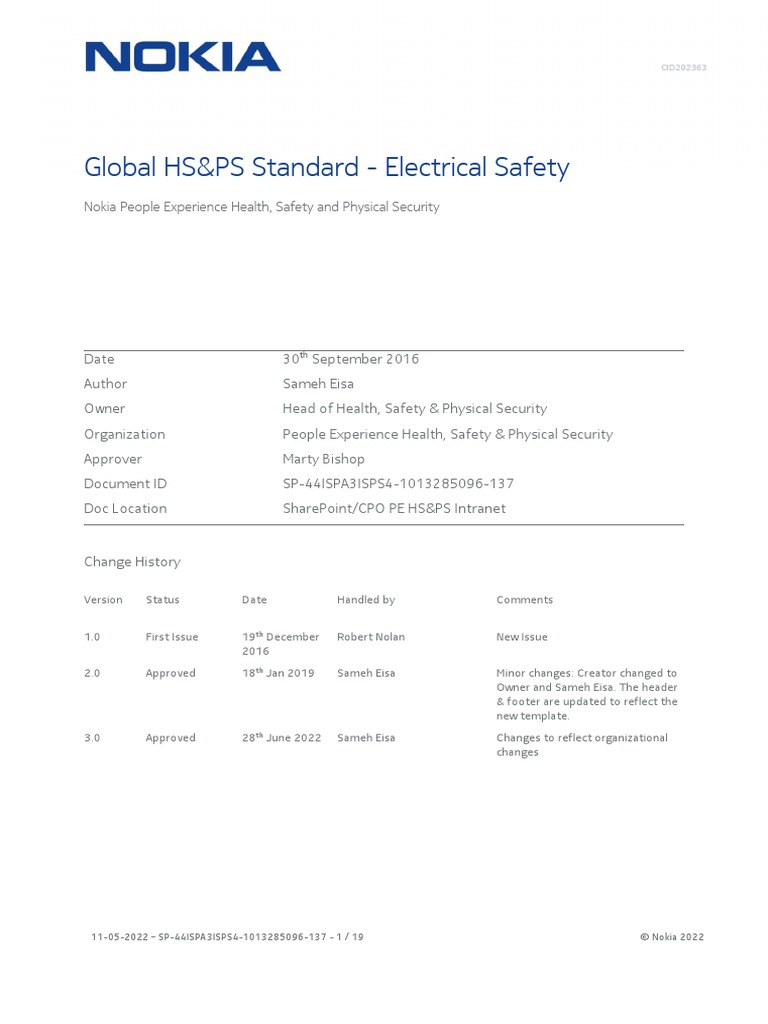 Nokia Global HS&PS Standard Electrical Safety Document EN | PDF | Electrical Wiring | Electrician