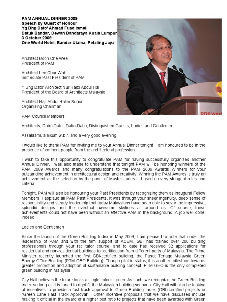 Teks Ucapan DBKL Mayor-Pam Annual Dinner 2009 | PDF | Green Building ...
