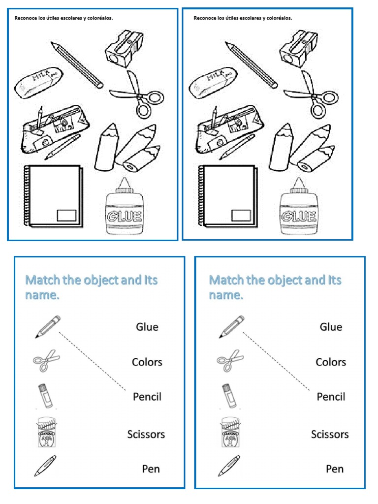 Reconoce Los Útiles Escolares y Coloréalos Español e Ingles | PDF