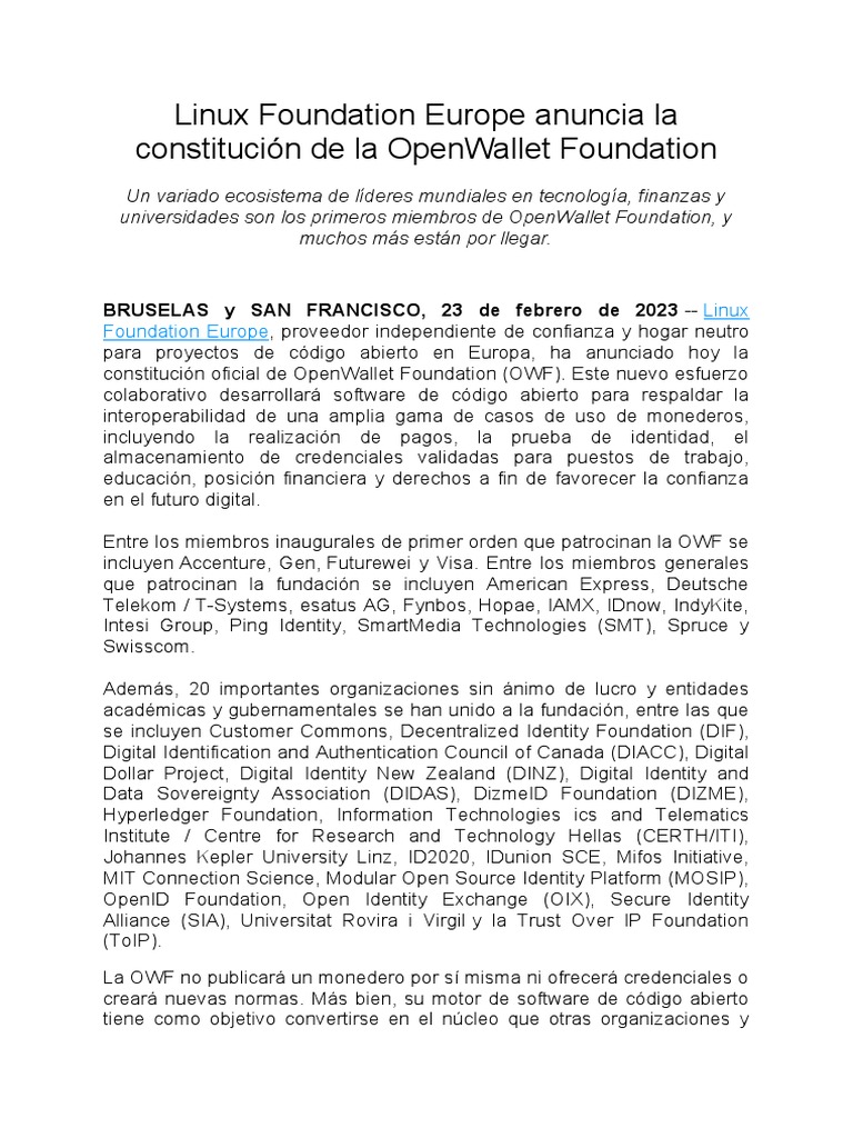 Linux Foundation Europe Anuncia La Constitución De La Openwallet