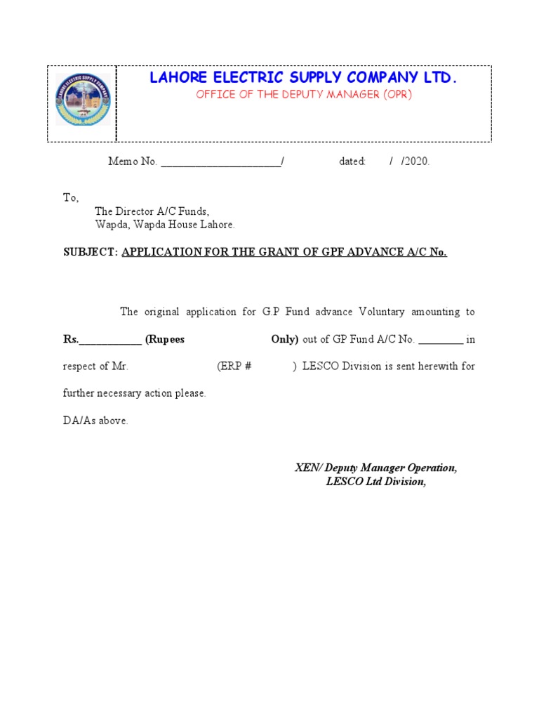 GPF Advance Application Memo - LESCO | PDF | Finance & Money Management | Technology & Engineering