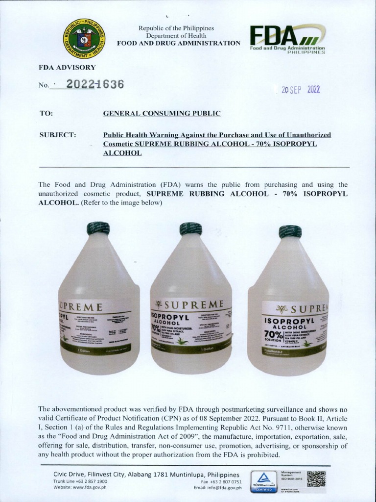 FDA Advisory No. 2022-1636 - Supreme Alcohol | PDF