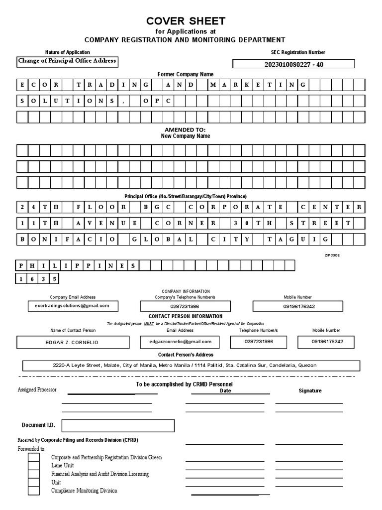 Cover Sheet For Amendment | PDF | Business