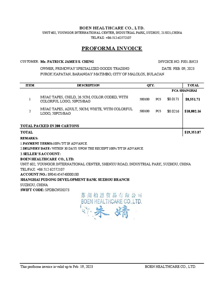 Boen Healthcare Proforma Invoice | PDF