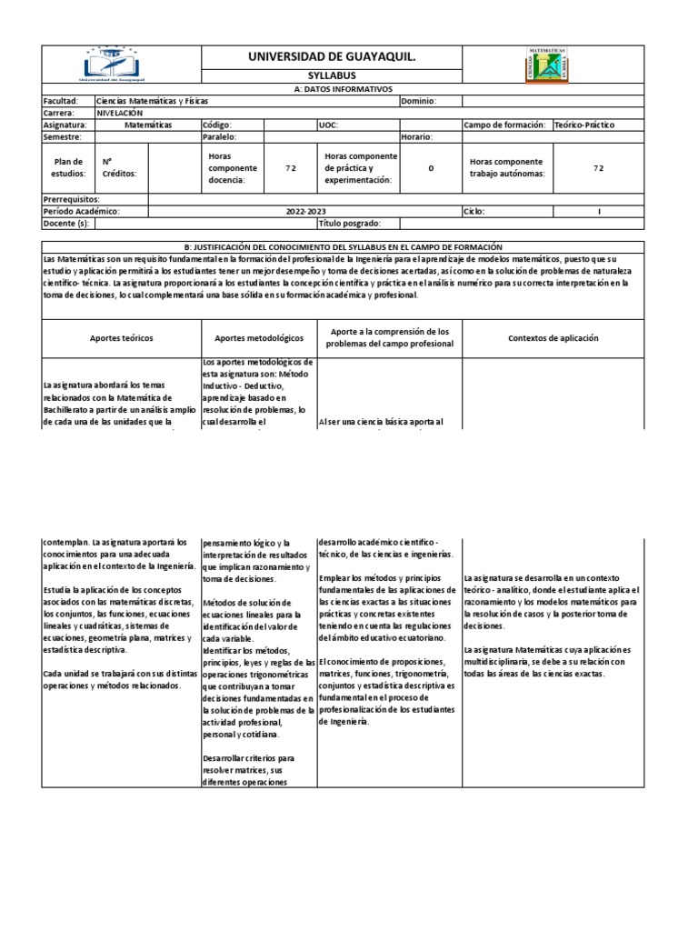 Sílabo Matemáticas FCMF | PDF | Matemáticas | Ecuaciones