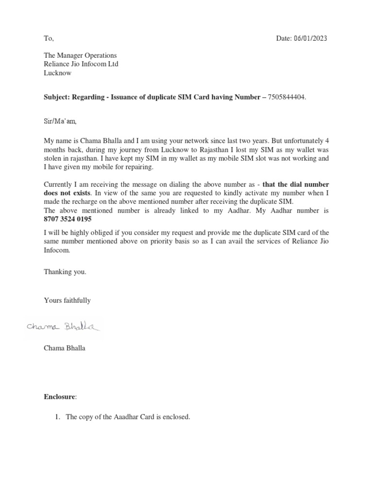 Subject: Regarding - Issuance of Duplicate SIM Card Having Number ...