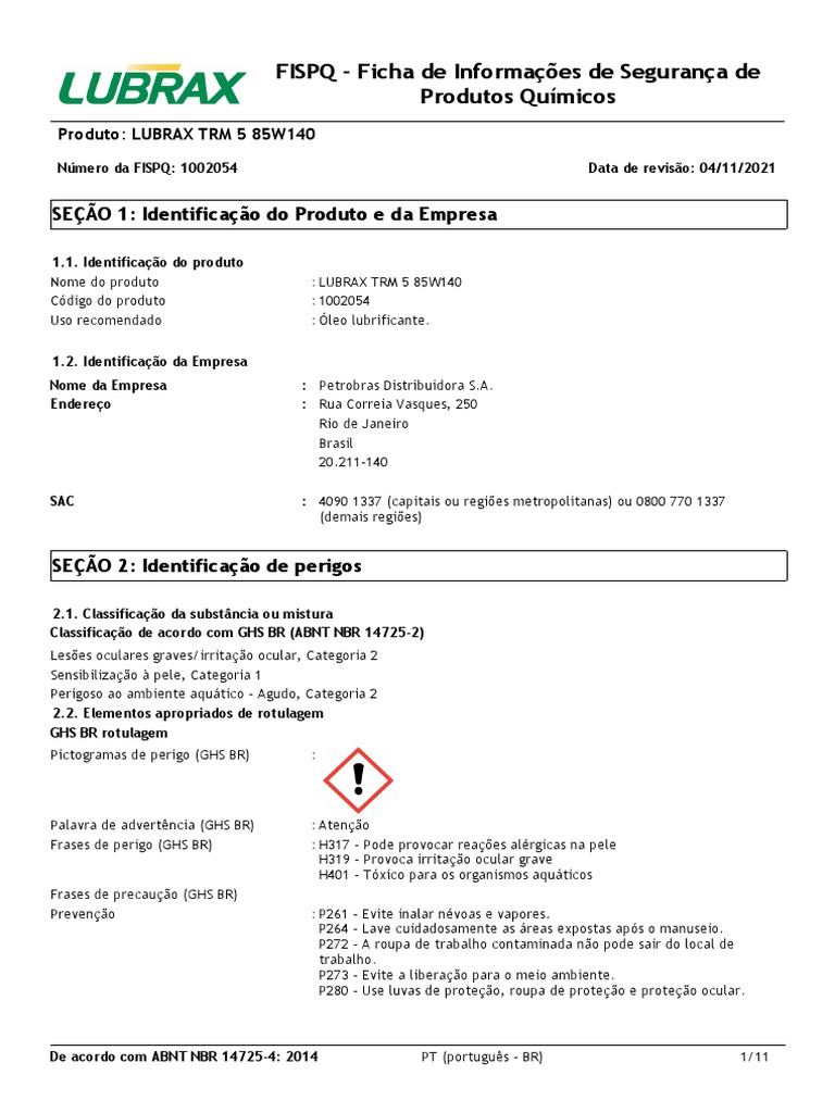Fispq Óleo 85w 140 | PDF | Primeiros socorros | Química
