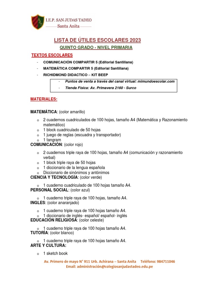 Lista De útiles Escolares 5to Grado Compartimos La Lista De útiles