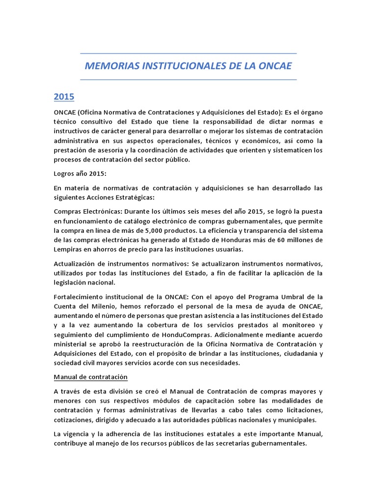 Logros de ONCAE en Contrataciones 2015 | PDF | Estado (política ...
