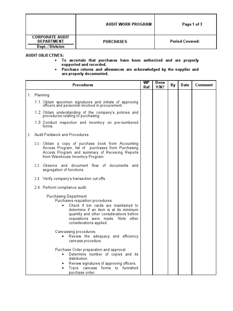 Audit Program Purchases | Warehouse | Audit
