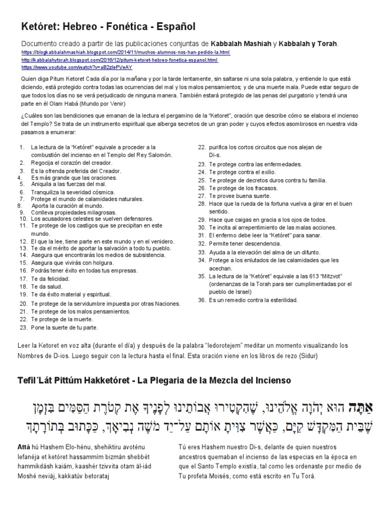 Ketoret Hebreo Fonetica Espanol (2) | PDF | Oración | Incienso