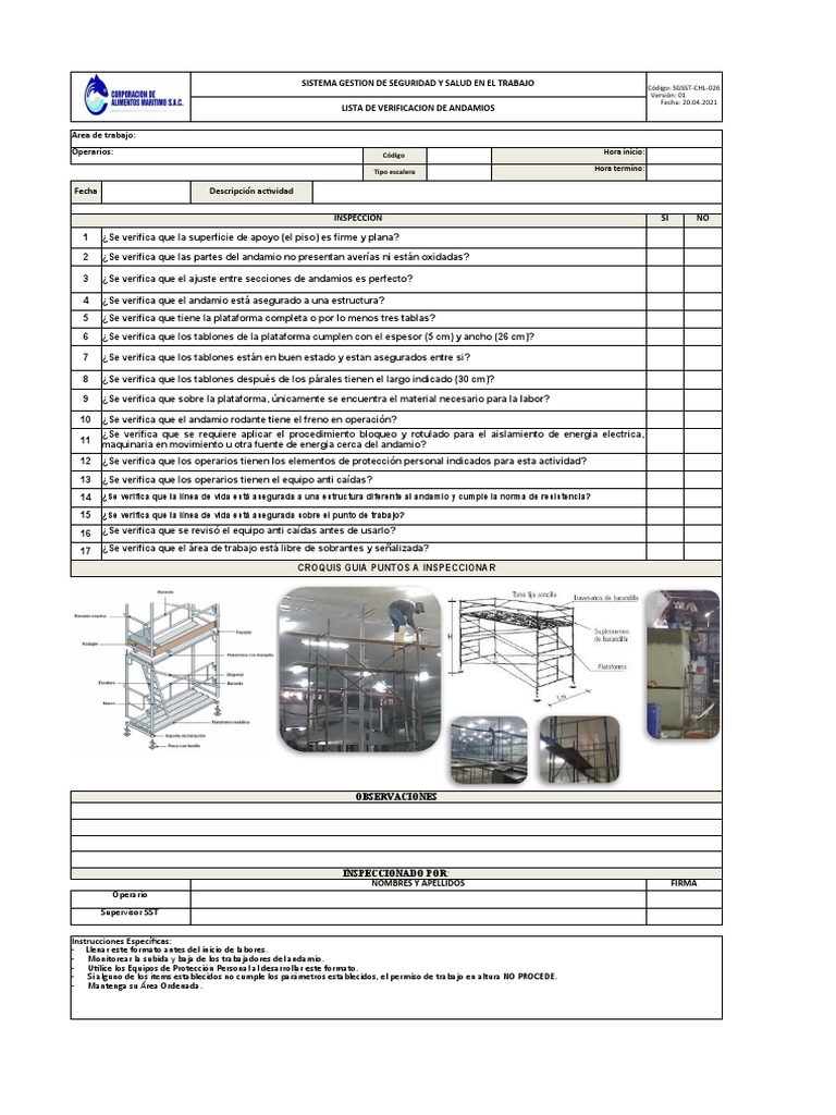 Check List N°026-Uso de Andamios | PDF | Andamio