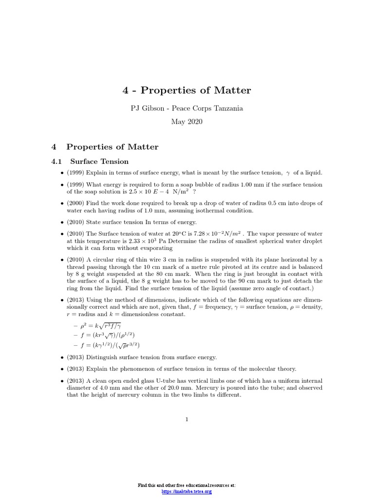ACSEE Physics F5 T4 PropertiesOfMatter | PDF | Surface Tension ...