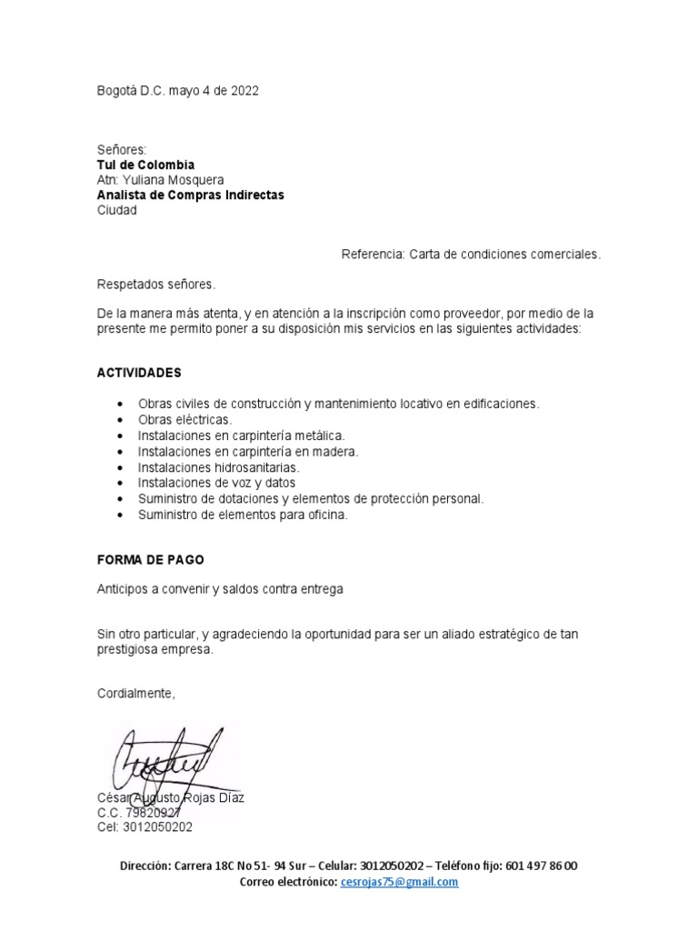 Carta de Condiciones Comerciales | PDF