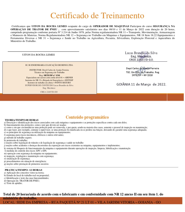Certificado de treinamento em segurança para operador de trator | PDF