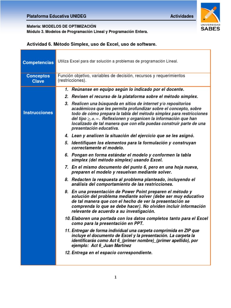 Actividad 6. Método Símplex. | PDF | Programación lineal | Microsoft Excel