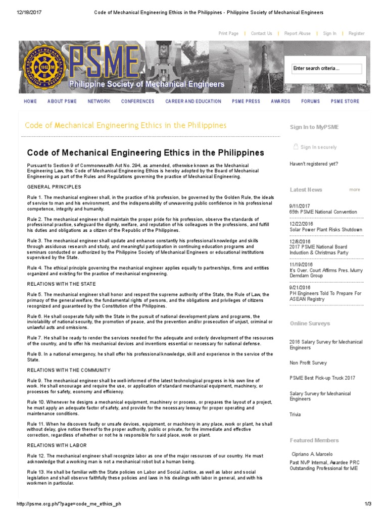 Code of Mechanical Engineering Ethics in The Philippines Philippine Society of Mechanical ...