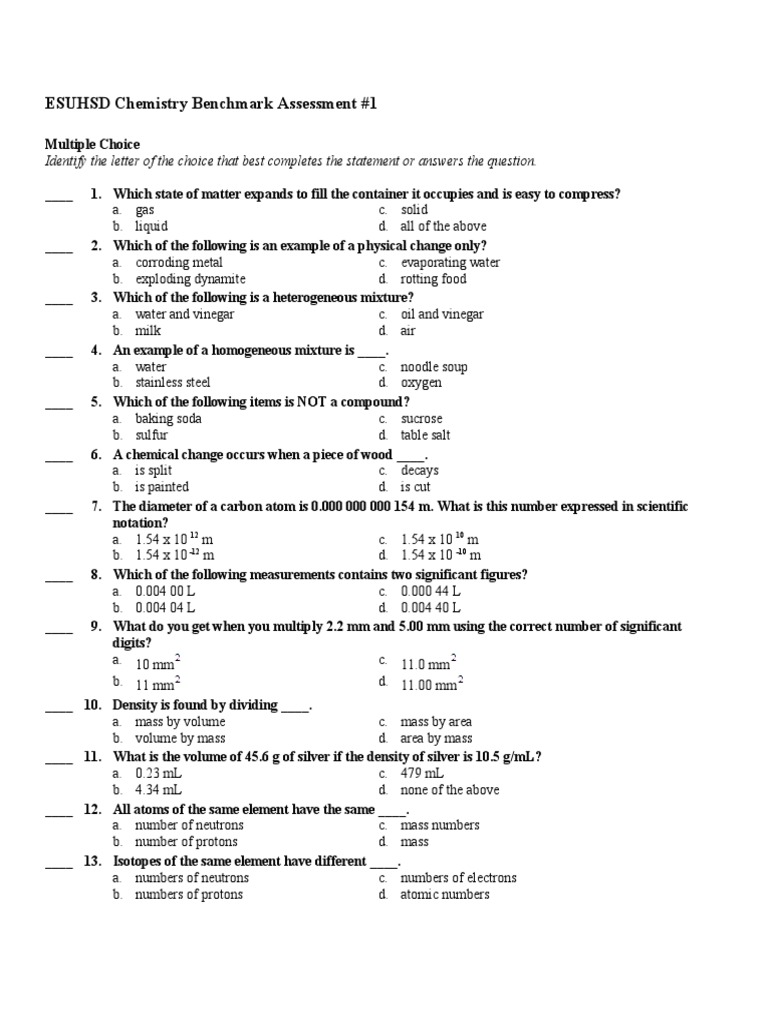 2011-2012 Chem Benchmark Test MP1 (1) 12 | PDF | Proton | Atoms