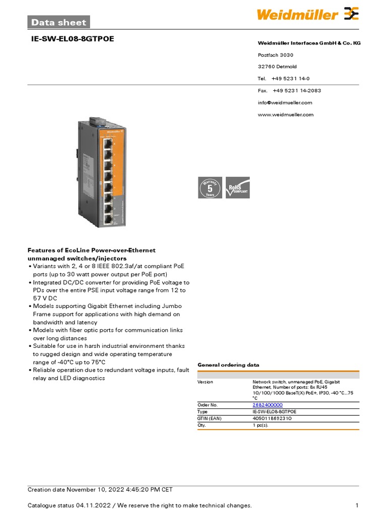2682400000_IE-SW-EL08-8GTPOE_en | PDF | Ethernet | Computer Hardware
