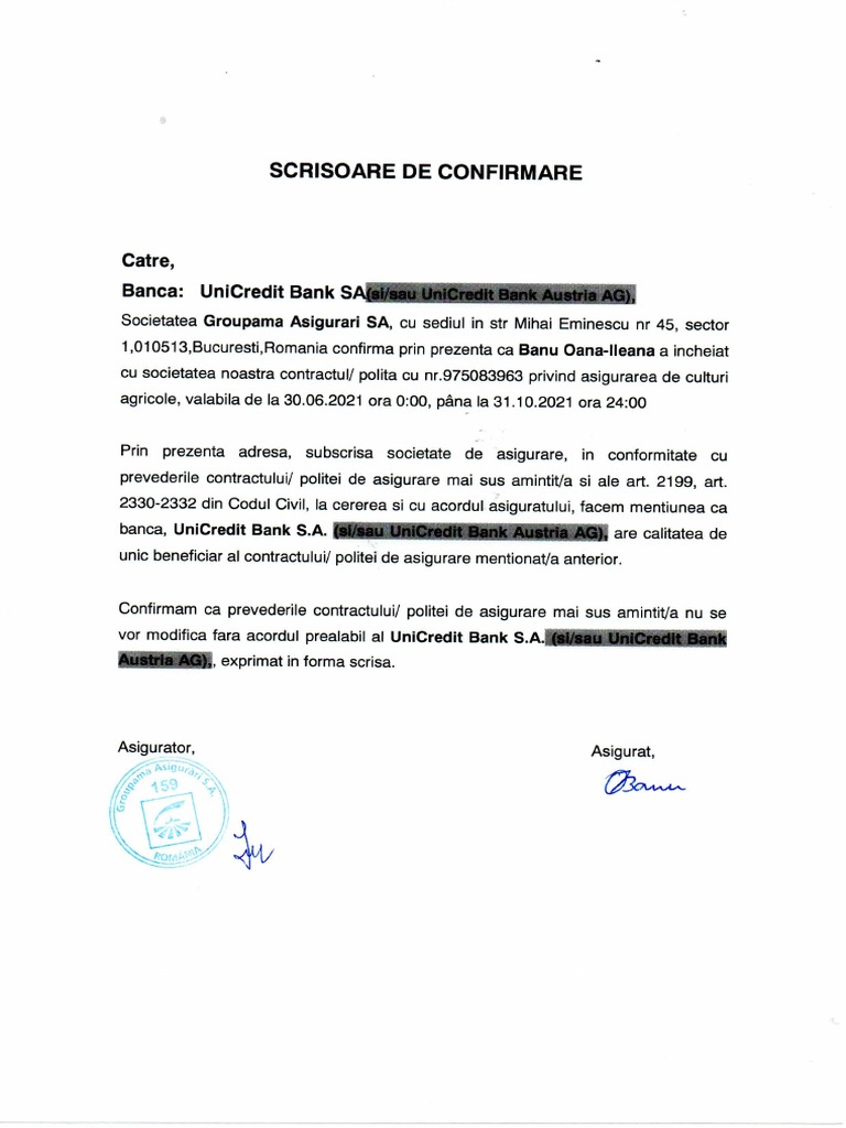 Scrisoare de Confirmare ASIGURARI | PDF