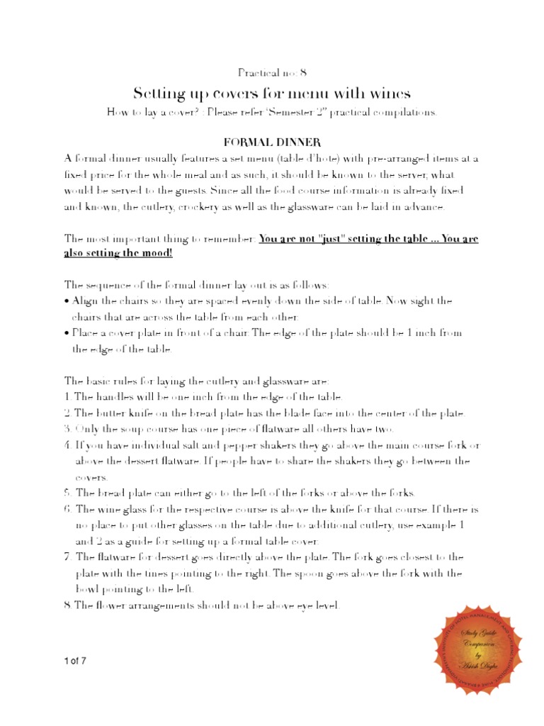 Setting Up Covers For Menu With Wines: Formal Dinner | PDF | Foods ...