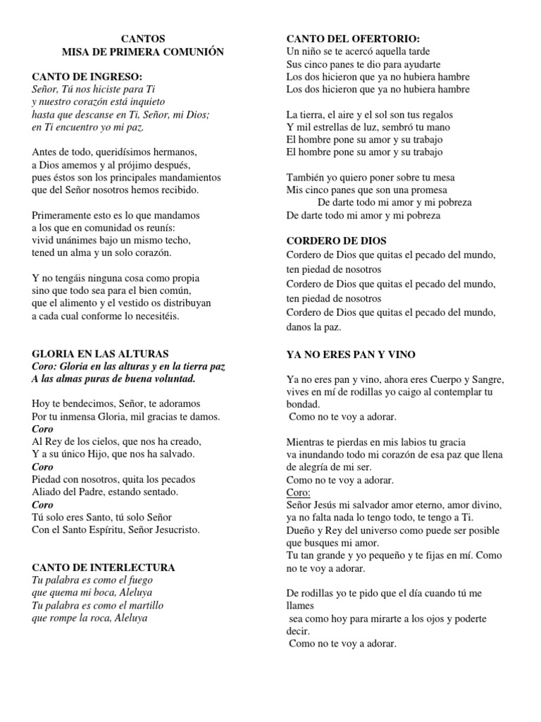 Cantos - Misa de Primera Comunión | PDF | Cristo (título) | eucaristía