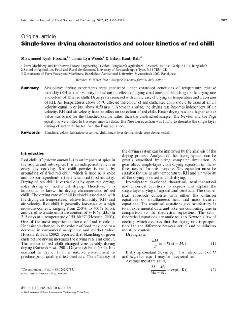Single-Layer Drying Characteristics and COLOUR Kinetics of RED CHILLI ...