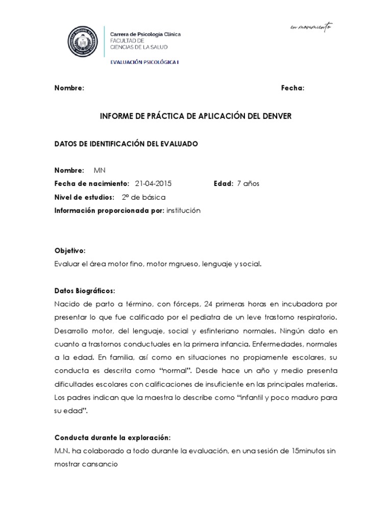 Informe de Aplicación del Test de Denver | PDF