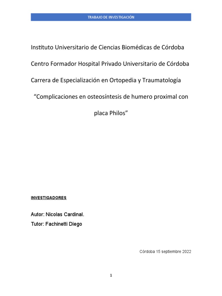 Complicaciones en Osteosíntesis de Humero Proximal Con Placa Philo ...