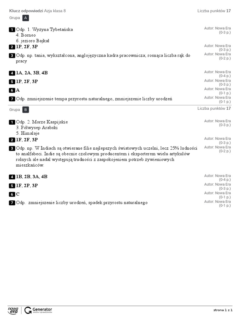 Azja Klasa 8 Klucz Odpowiedzi | PDF