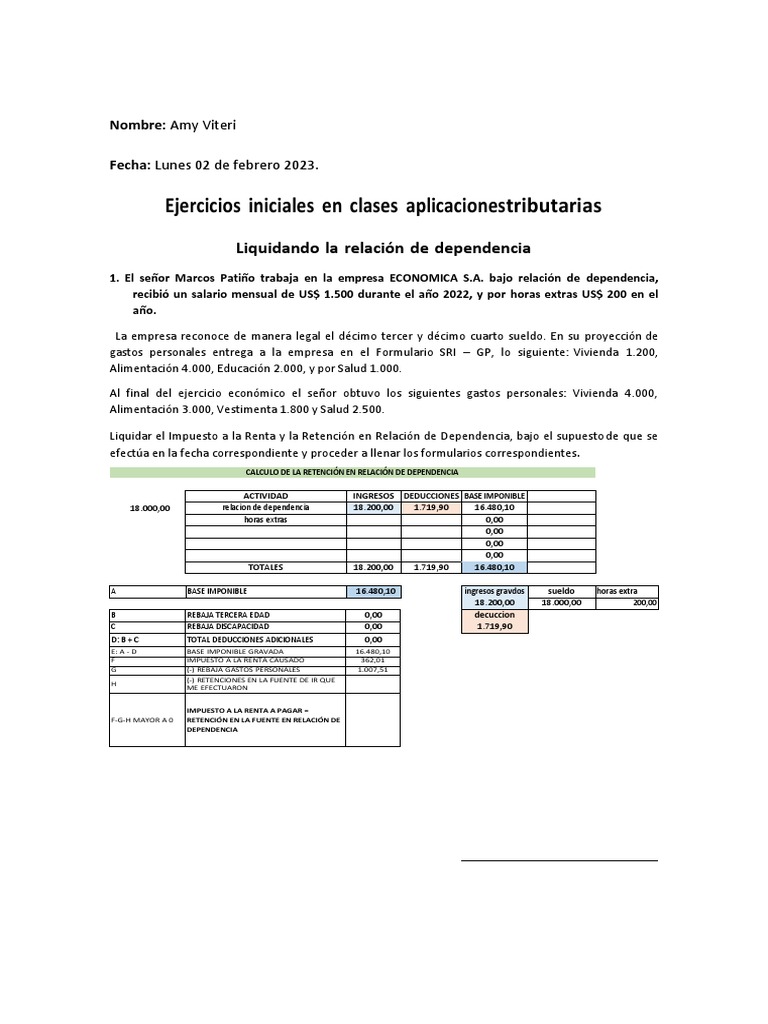 AMY VITERI EJERCICIOS DE RELACION DE DEPENDENCIA | PDF | Impuesto sobre ...
