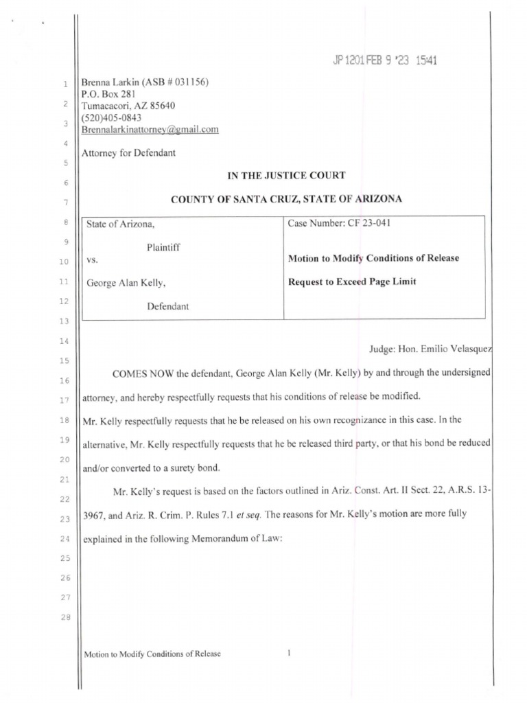 George Alan Kelly Motion To Modify Conditions of Release | PDF | Bail | Criminal Procedure In ...