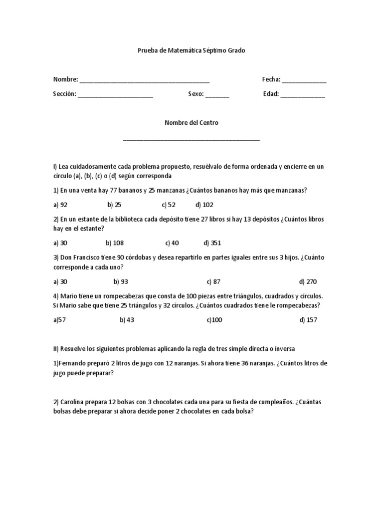 Prueba de Matemática Séptimo Grado | PDF