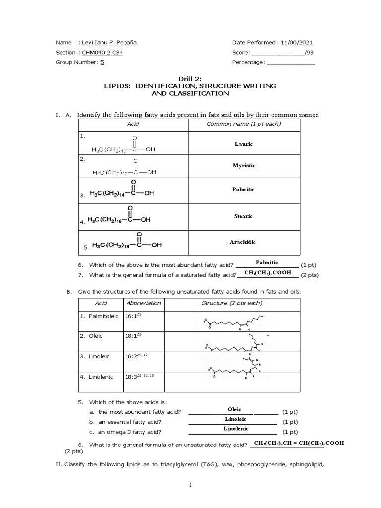 Drill 2 Lipids Identification, Structure Writing and Classifications ...