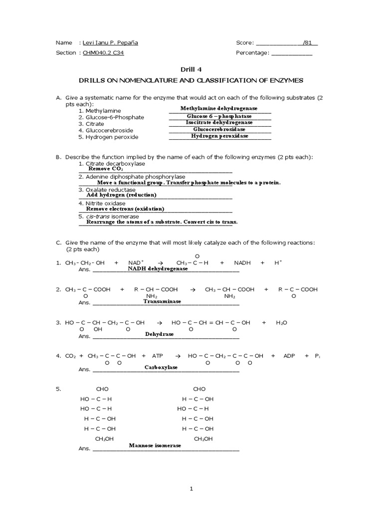 Drill 4 Drills On Nomenclature Classification of Enzymes | PDF | Adenosine Triphosphate ...