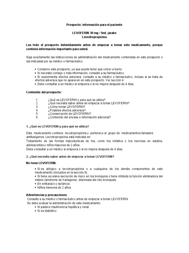 Inserto Levoferin Jarabe | PDF | Medicamentos con receta | El embarazo
