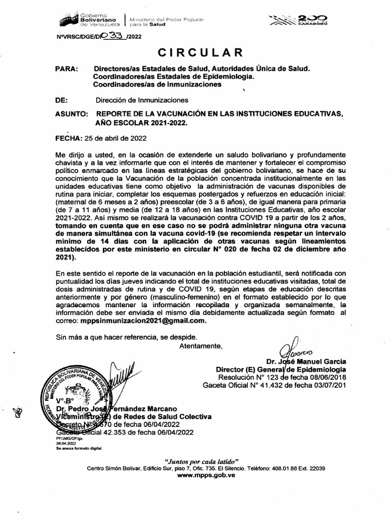 Circular #033 Reporte de La Vacunacion Inst Educat | PDF