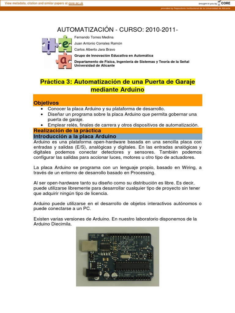 Automatización de una puerta de garaje mediante Arduino | PDF | Arduino | Relé