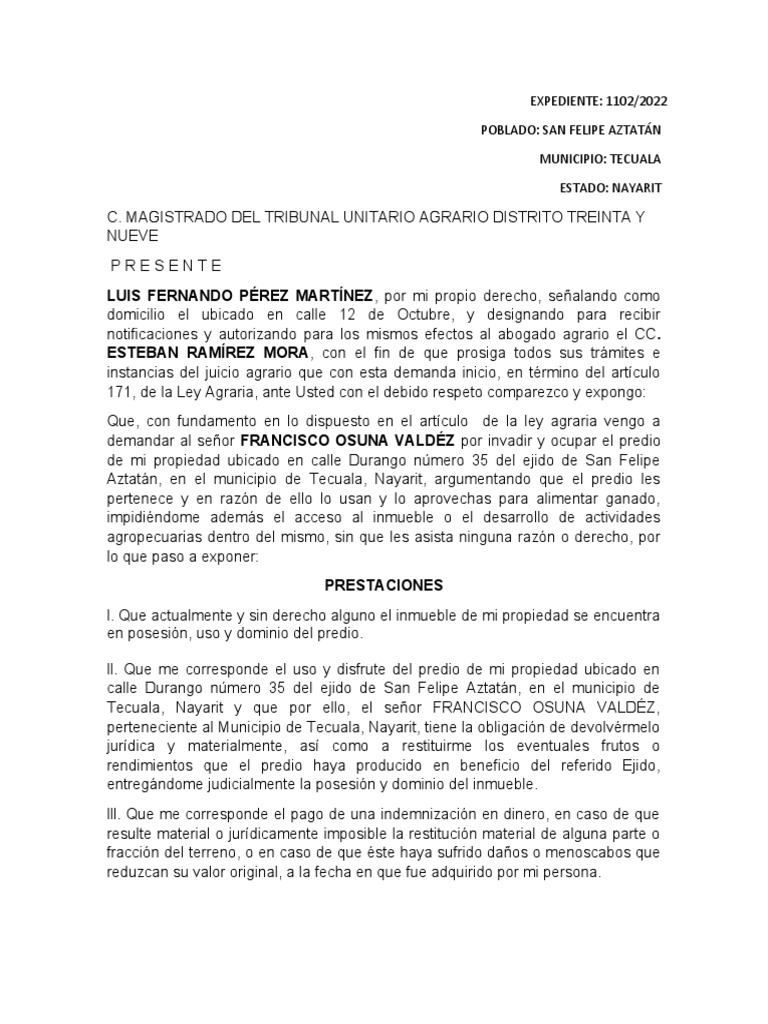 Ejemplo Demanda Agraria (Derecho Procesal Agrario) | PDF | Propiedad ...